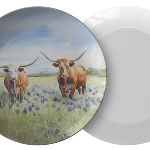 Texas Longhorn Cattle Bluebonnet Plate - Longhorn Cattle Dinnerware ...