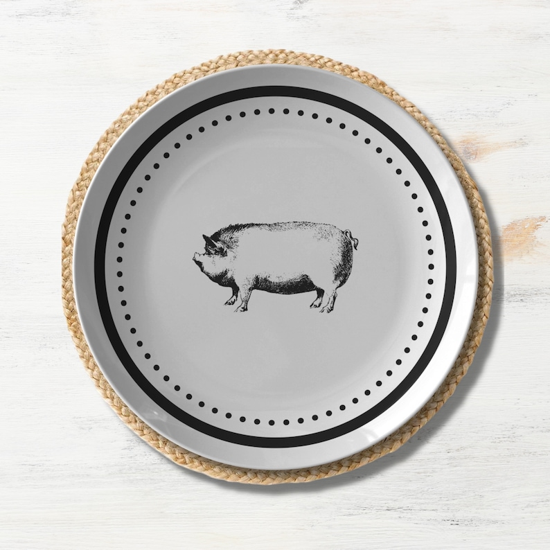 Pig Plate Farmhouse Dinnerware, Pig Dinnerware, Black and White Pig ...