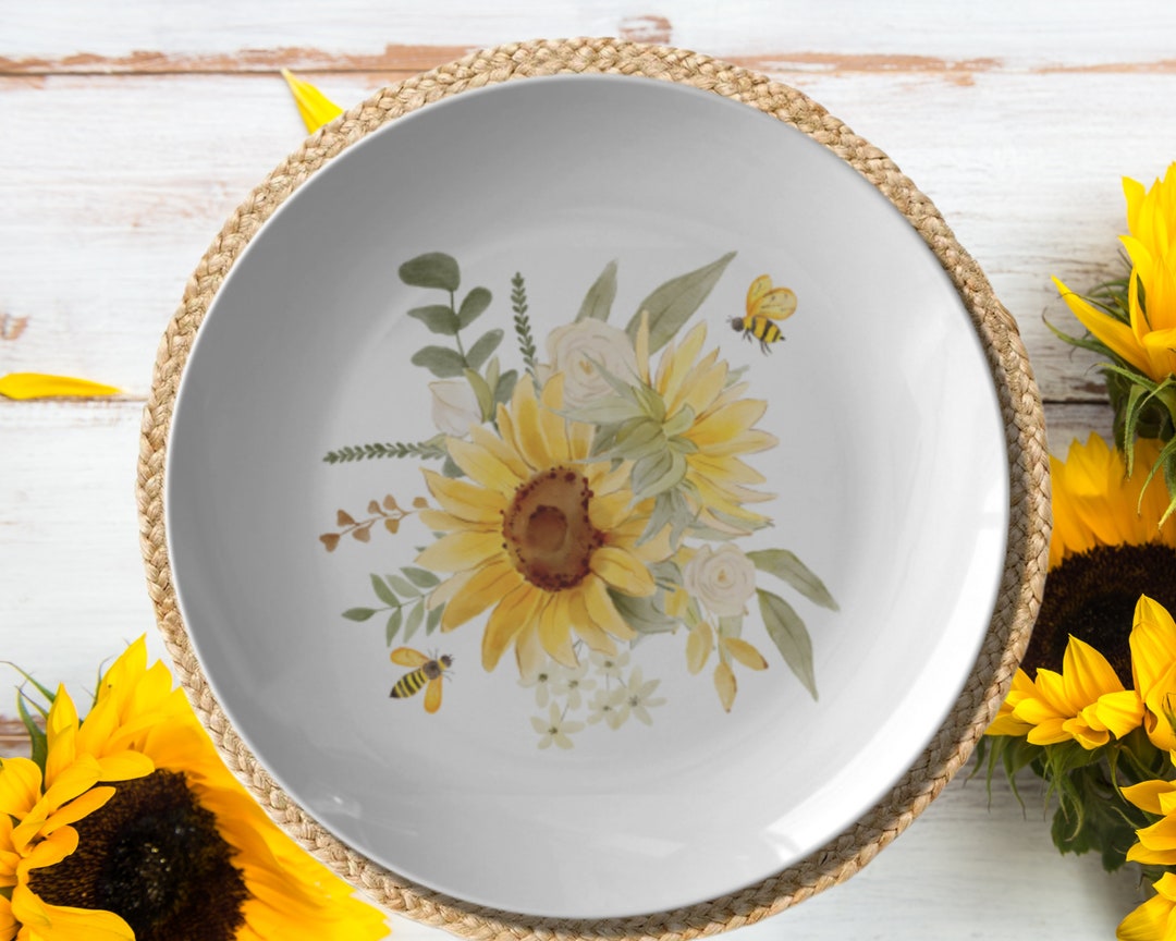 Sunflower Bee Plate - Sunflower Dinnerware, Bee Dinnerware, Floral Bee ...