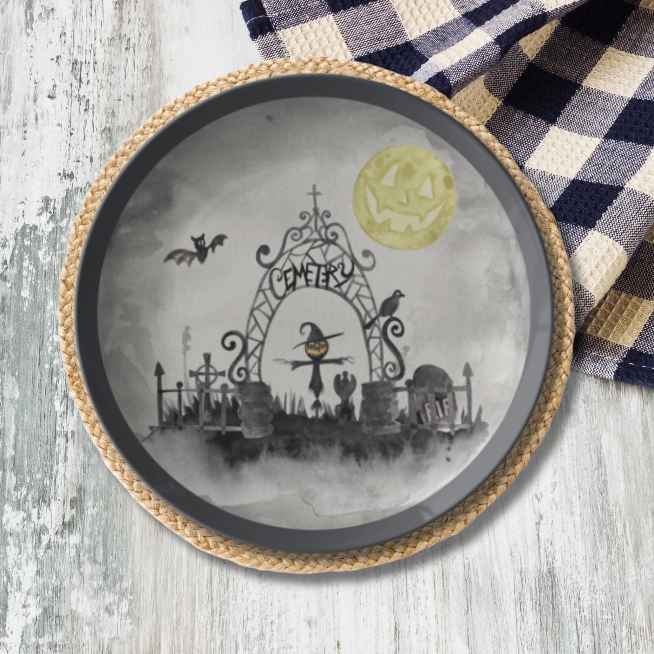Halloween Spooky Cemetary Plate With Scarecrow Bats and Tombstones ...