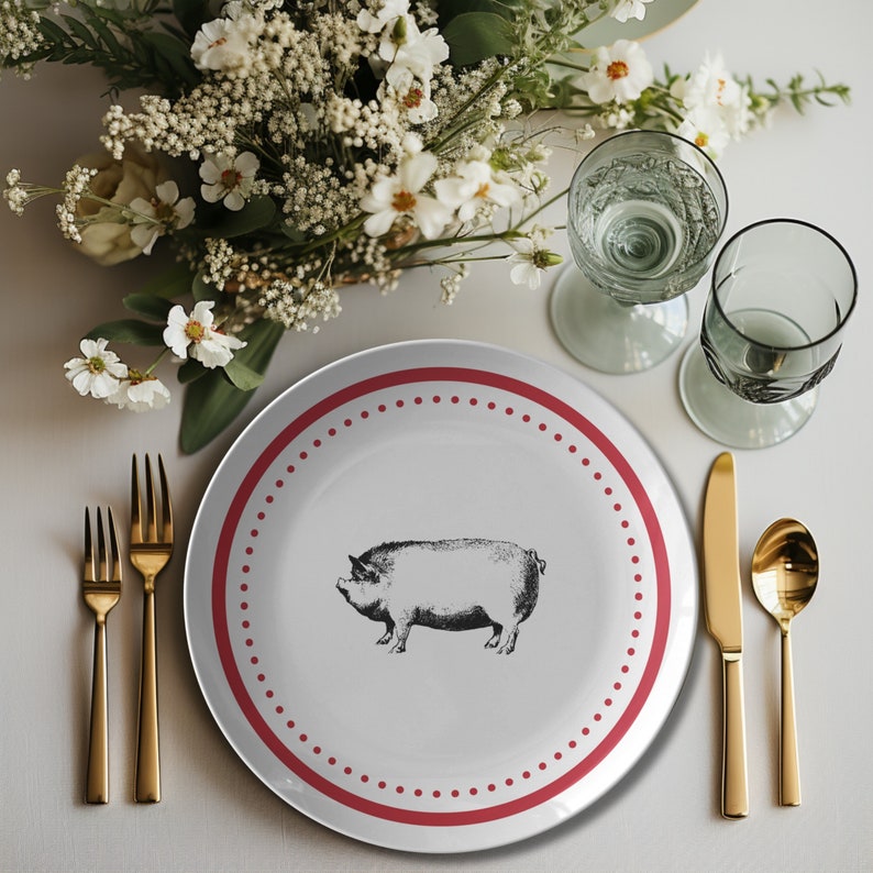 Pig Plate - Farmhouse Dinnerware, Pig Dinnerware, Red and Black Pig ...