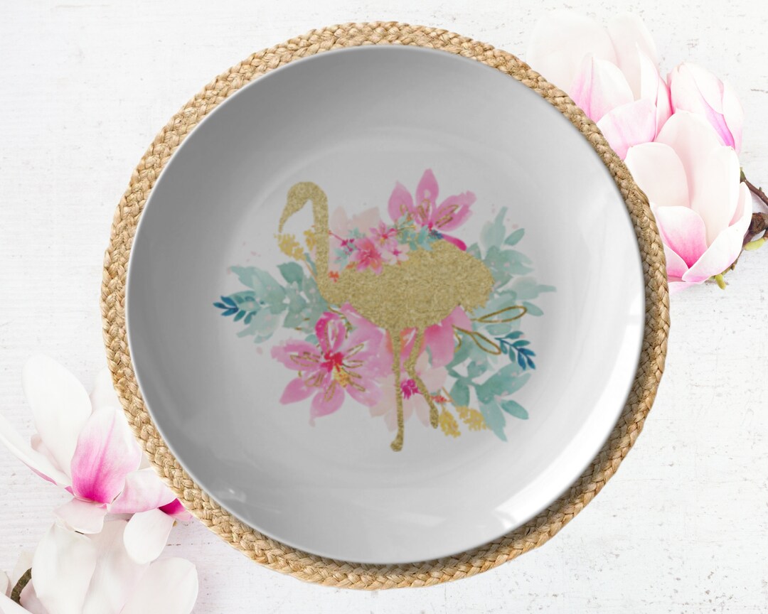 Golden Floral Flamingo Plate - Pink Flamingo Dinnerware, Flamingo Gift ...