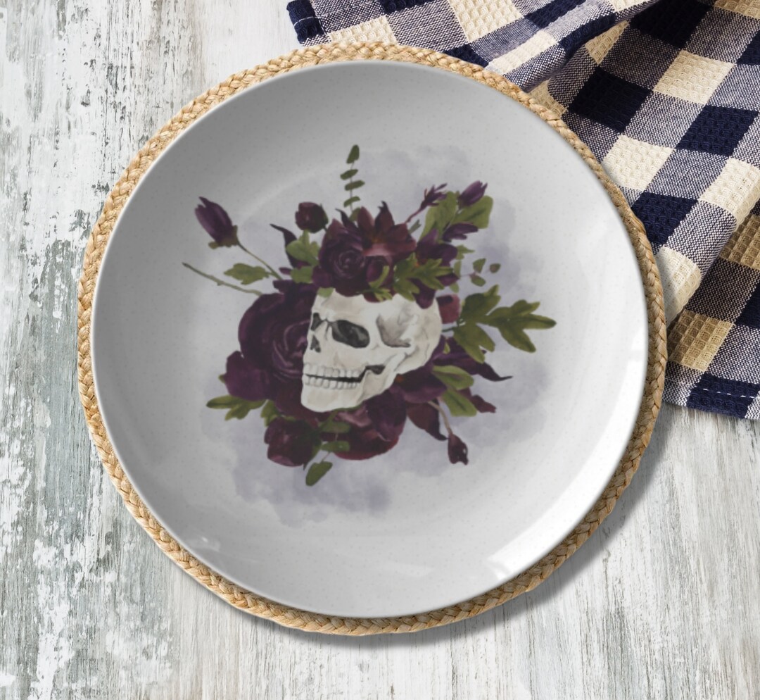 Skull Plate | Fall Purple Floral Skull Plates | Halloween Plates ...