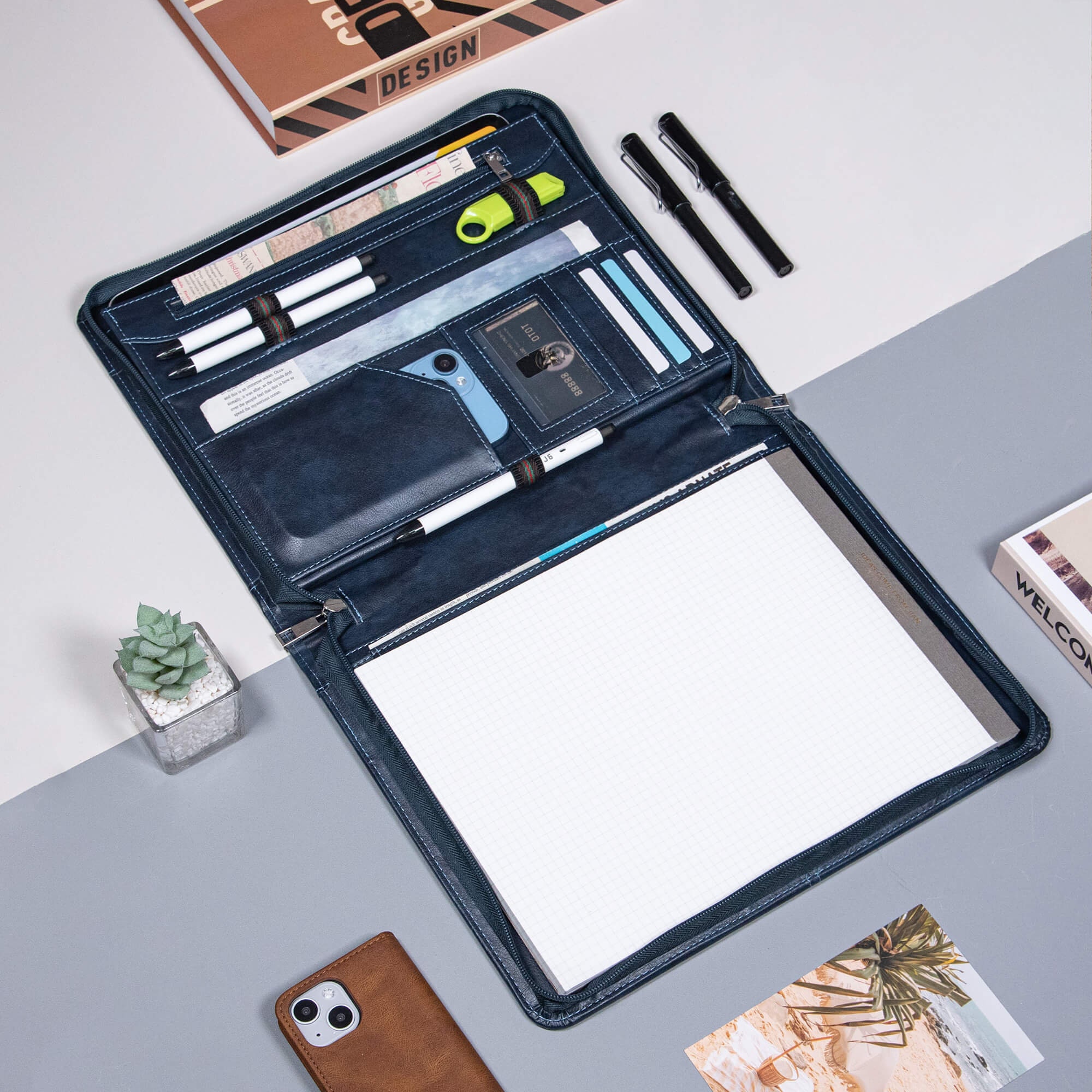 Navy Blue Leather Portfolio Organizer,personalized Pu Leather Padfolio ...