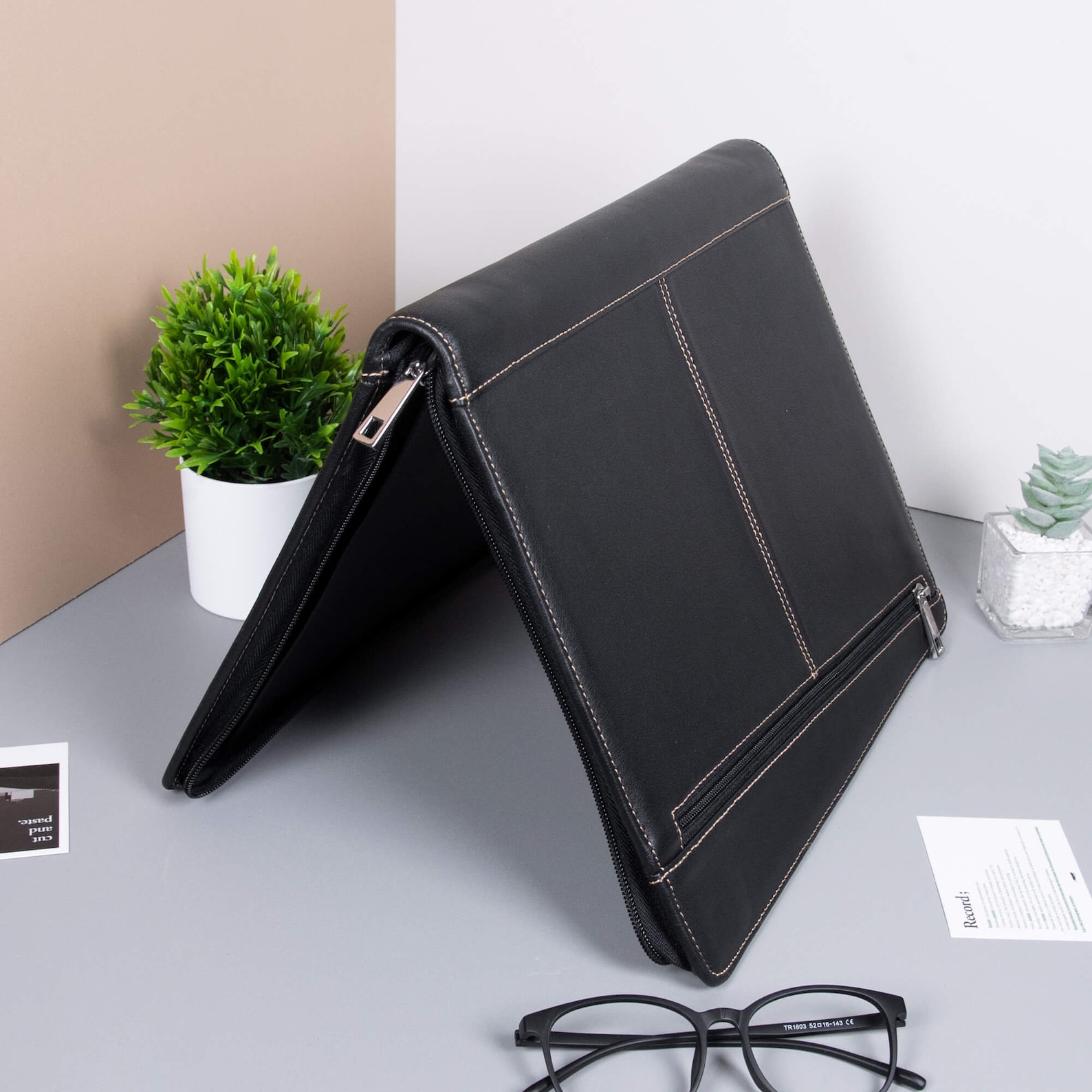 Personalized Black Cowhide Portfolio With Zipper, Custom Genuine ...