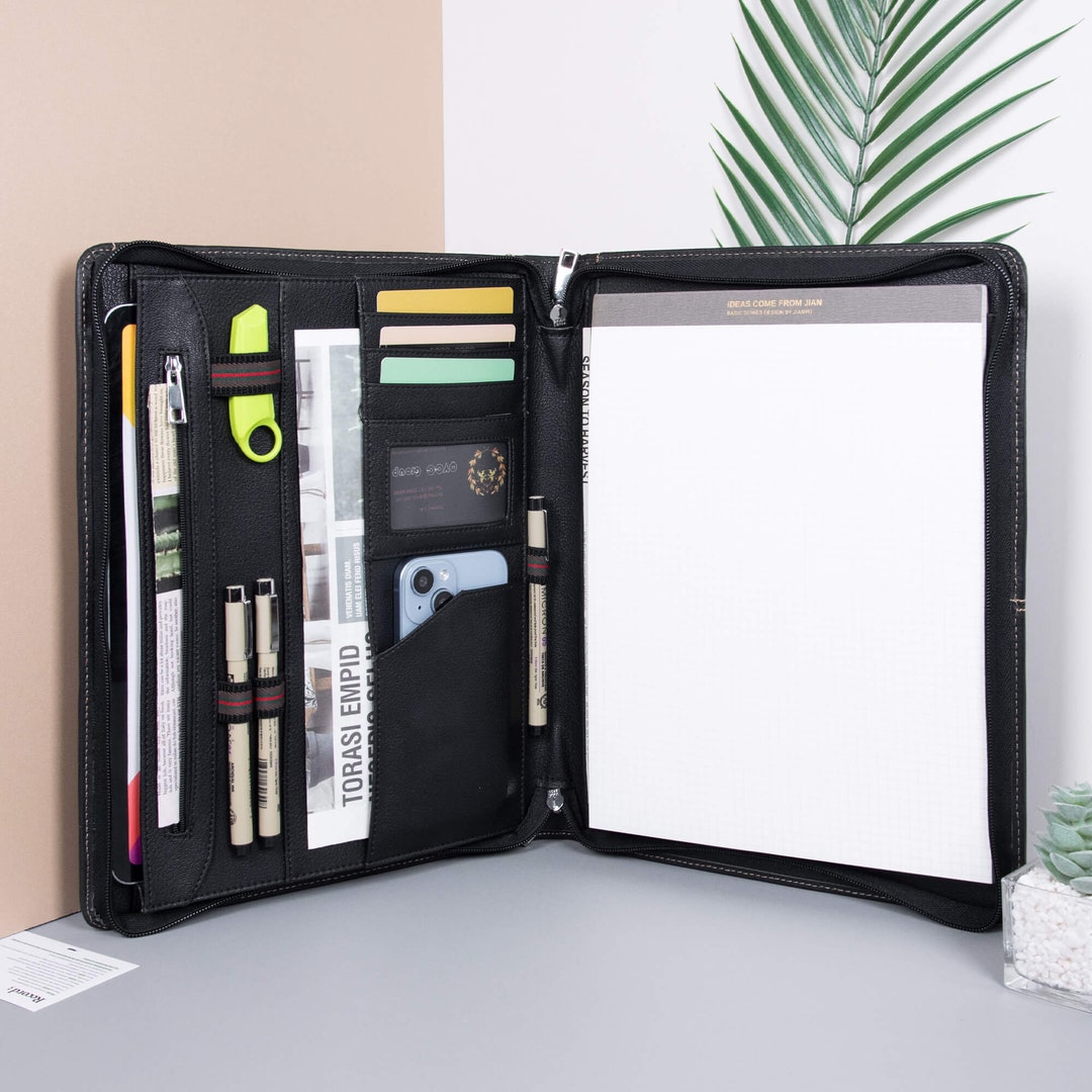 Personalized Black Cowhide Portfolio With Zipper, Custom Genuine ...
