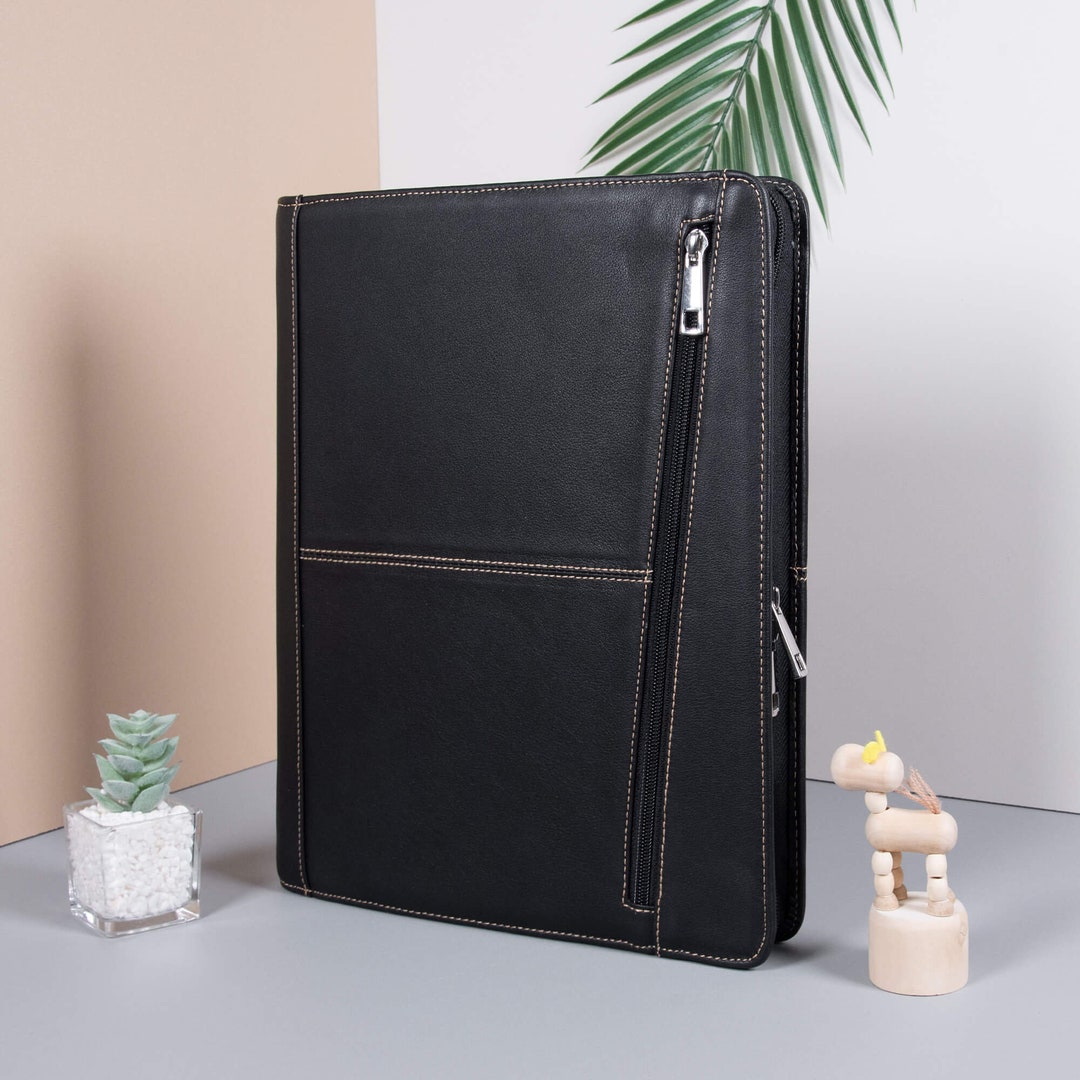 Personalized Black Cowhide Portfolio With Zipper, Custom Genuine ...