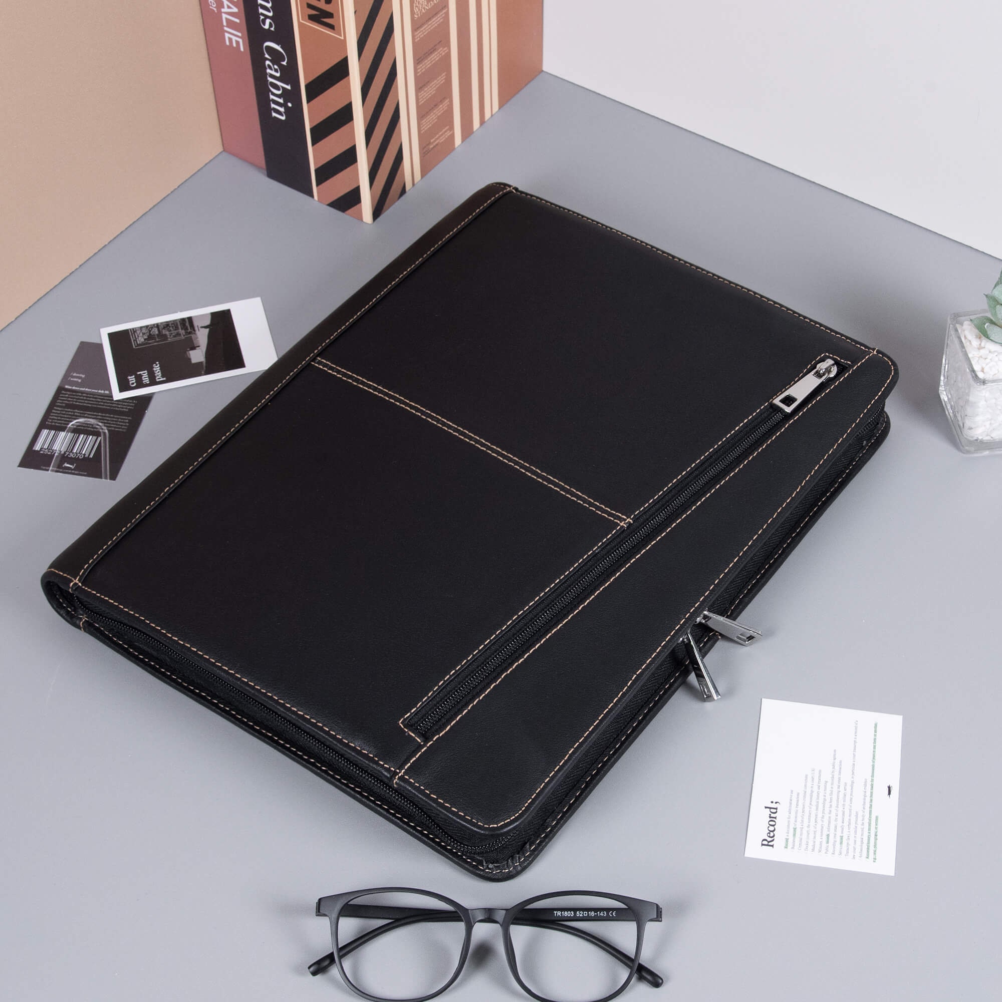 Personalized Black Cowhide Portfolio With Zipper, Custom Genuine ...