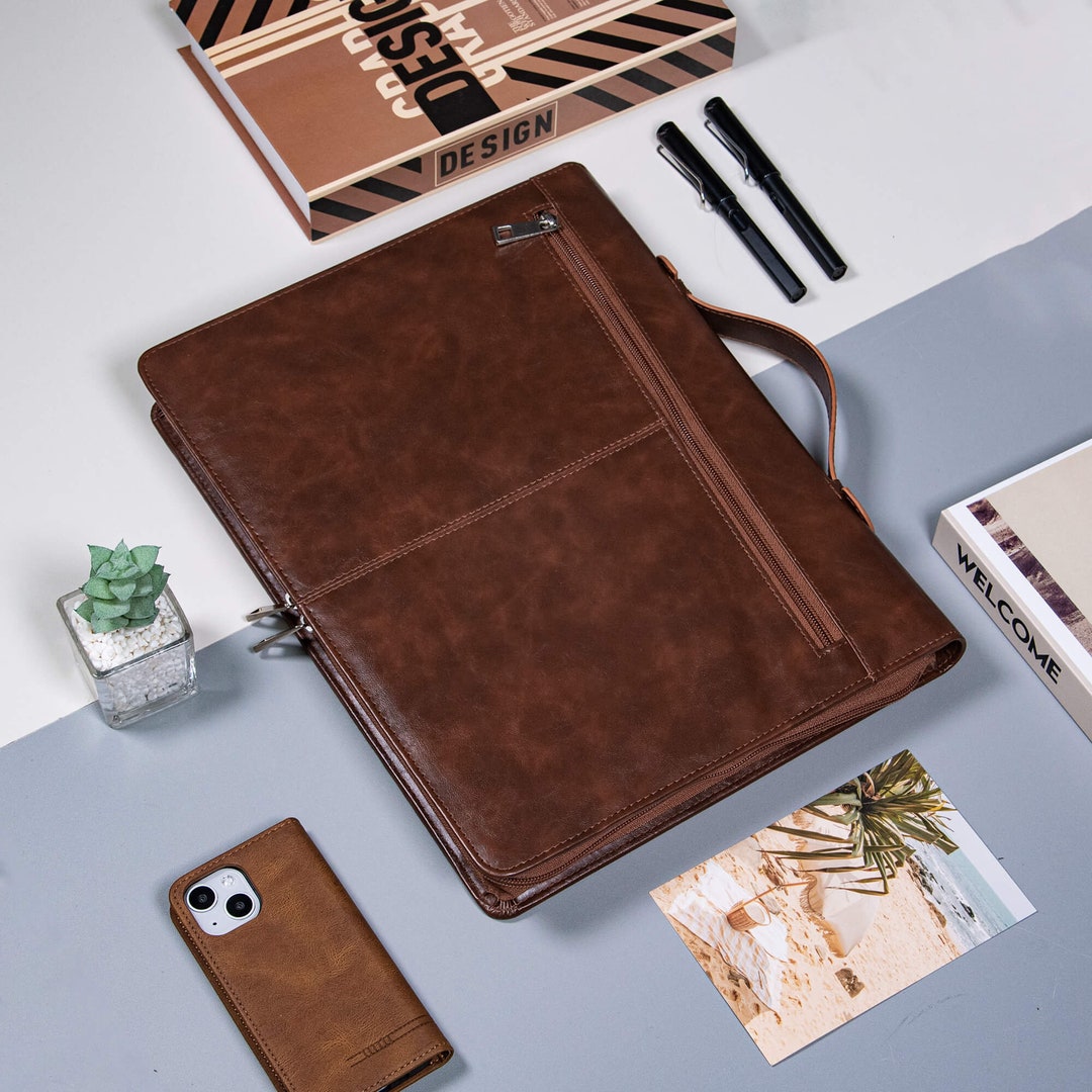 Custom Dark Brown Pu Leather Portfolio,document Organizer With Handle ...