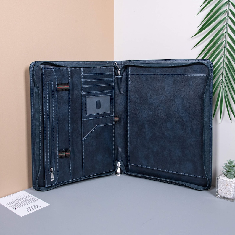 Navy Blue Leather Portfolio Organizer,personalized Pu Leather Padfolio ...