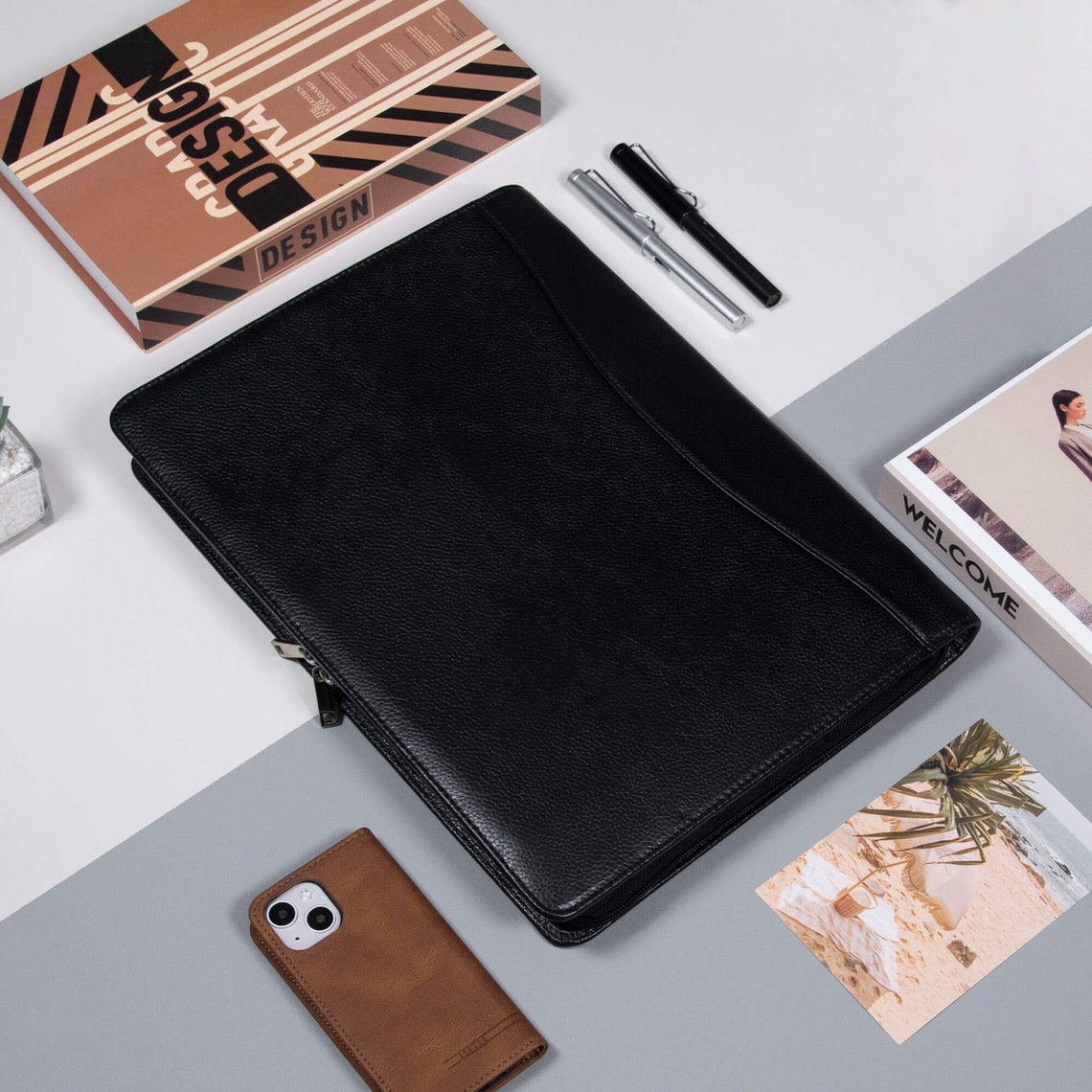 Personalized A4 Black Full Cowhide Portfolio,embossed Genuine Leather ...