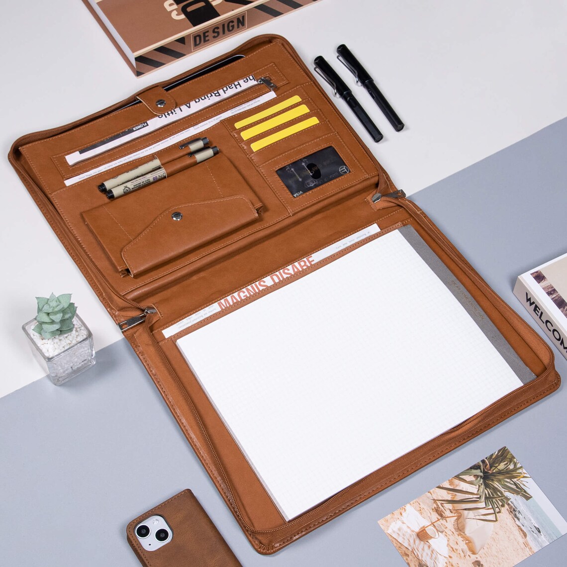 Engraved Brown Vegan Leather Portfolio,leather Organizer With Handle,a4 ...