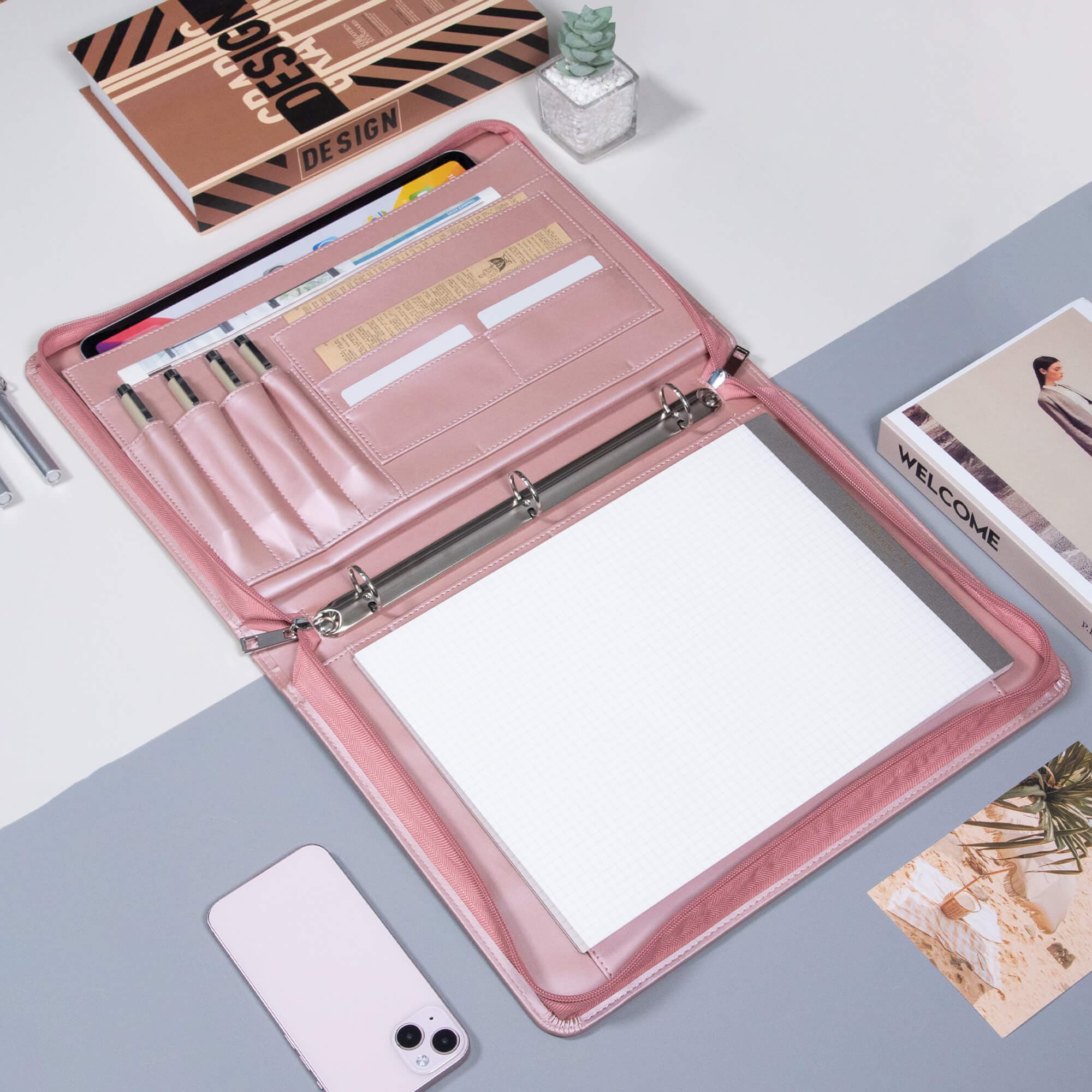 Personalized Pink PU Leather Portfolio for Women,3 Ring Binder Notepad ...
