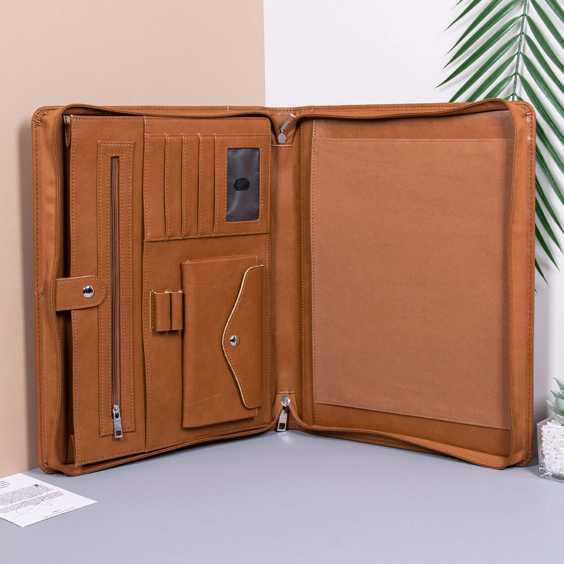 Engraved Brown Vegan Leather Portfolio,leather Organizer With Handle,a4 ...