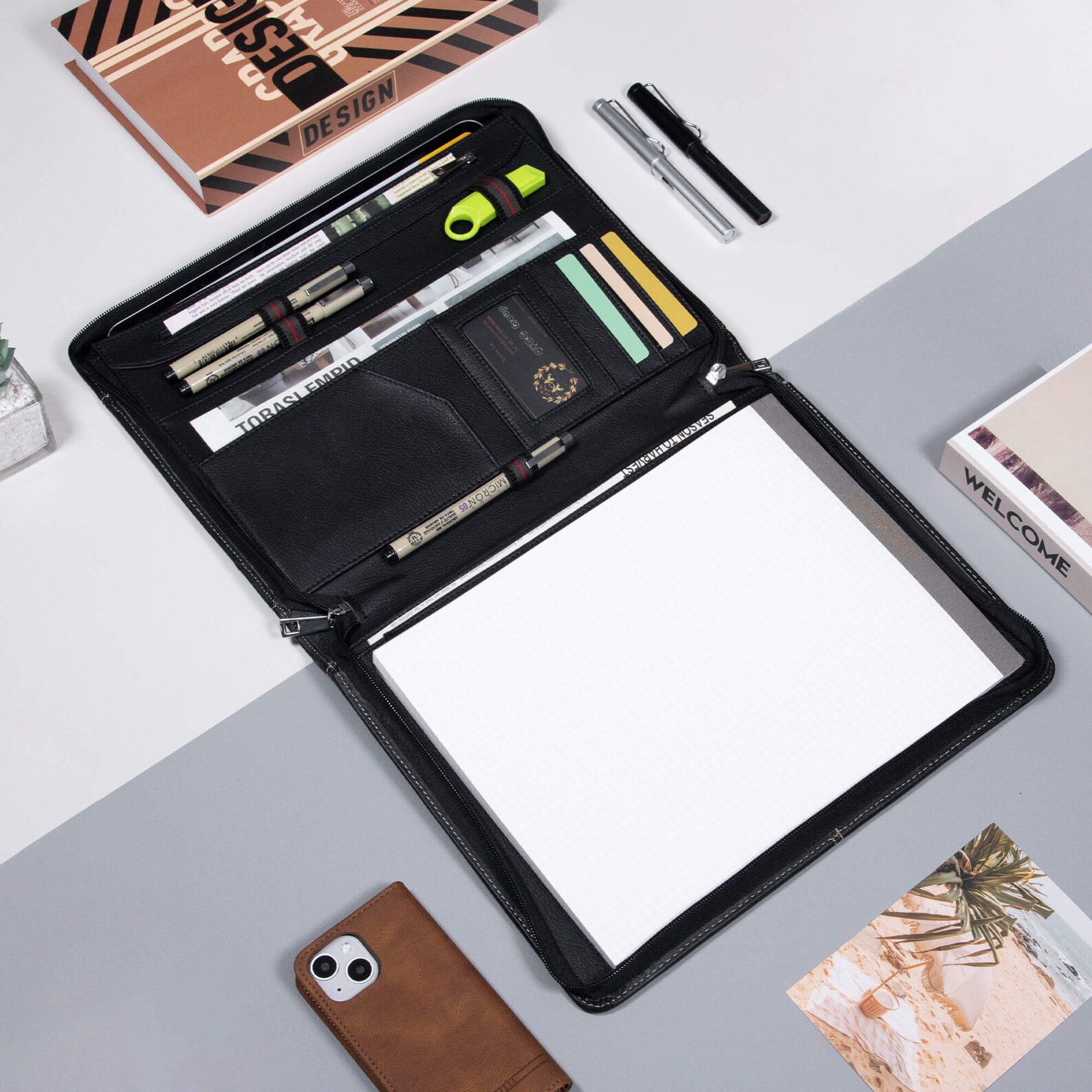 Personalized Black Cowhide Portfolio With Zipper, Custom Genuine ...