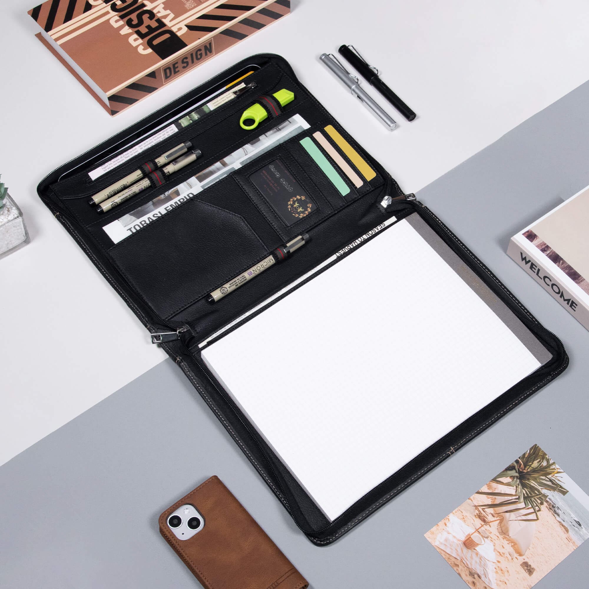 Personalized Black Cowhide Portfolio With Zipper, Custom Genuine ...