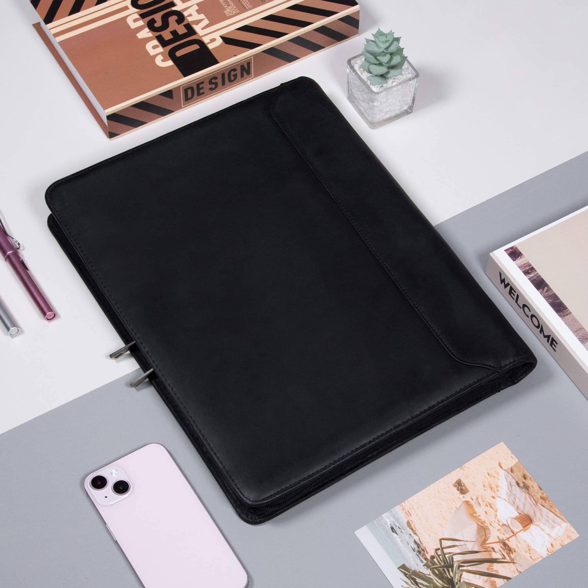 Personalized Black Crazy Horse Leather Portfolio With 3R Binder, Office ...