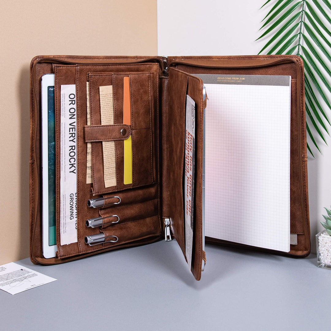Vintage Brown PU Leather Portfolio With Handle, Zippered Padfolio for ...