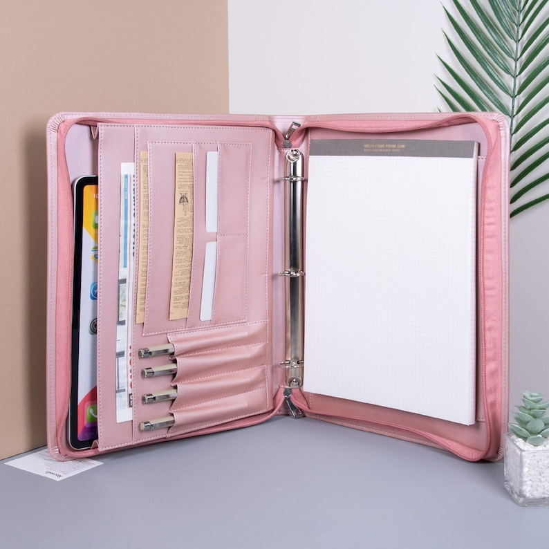 Personalized Pink PU Leather Portfolio for Women,3 Ring Binder Notepad ...