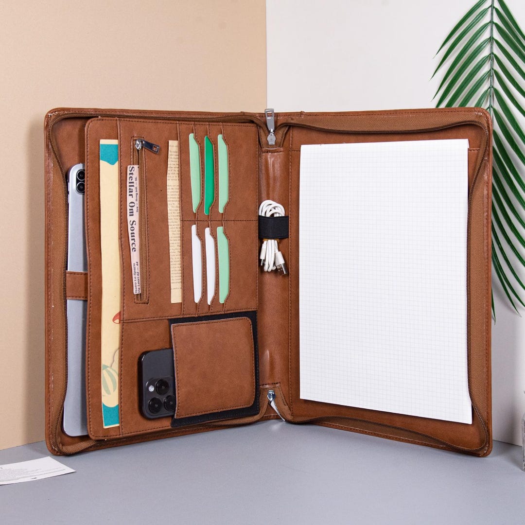 Personalized Vegan Leather Portfolio, A4 Notebook Organizer, Brown ...
