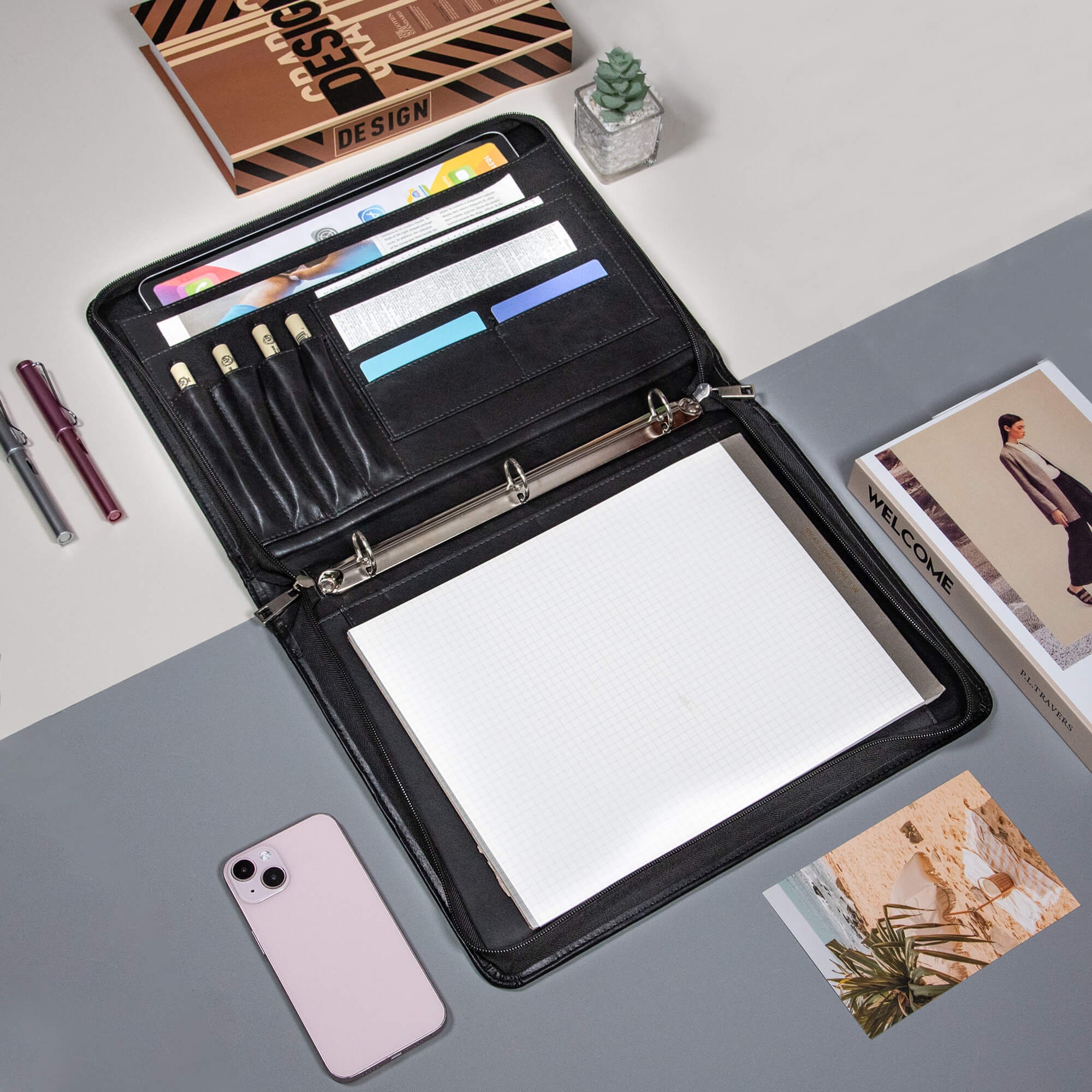 Monogramed Leather Padfolio With Zipper for Her, Custom Black Portfolio ...