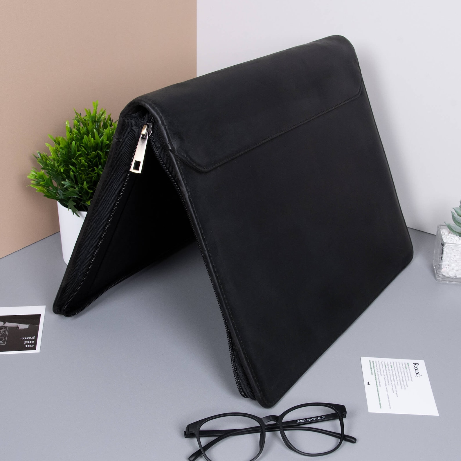 Personalized Black Crazy Horse Leather Portfolio With 3R Binder, Office ...