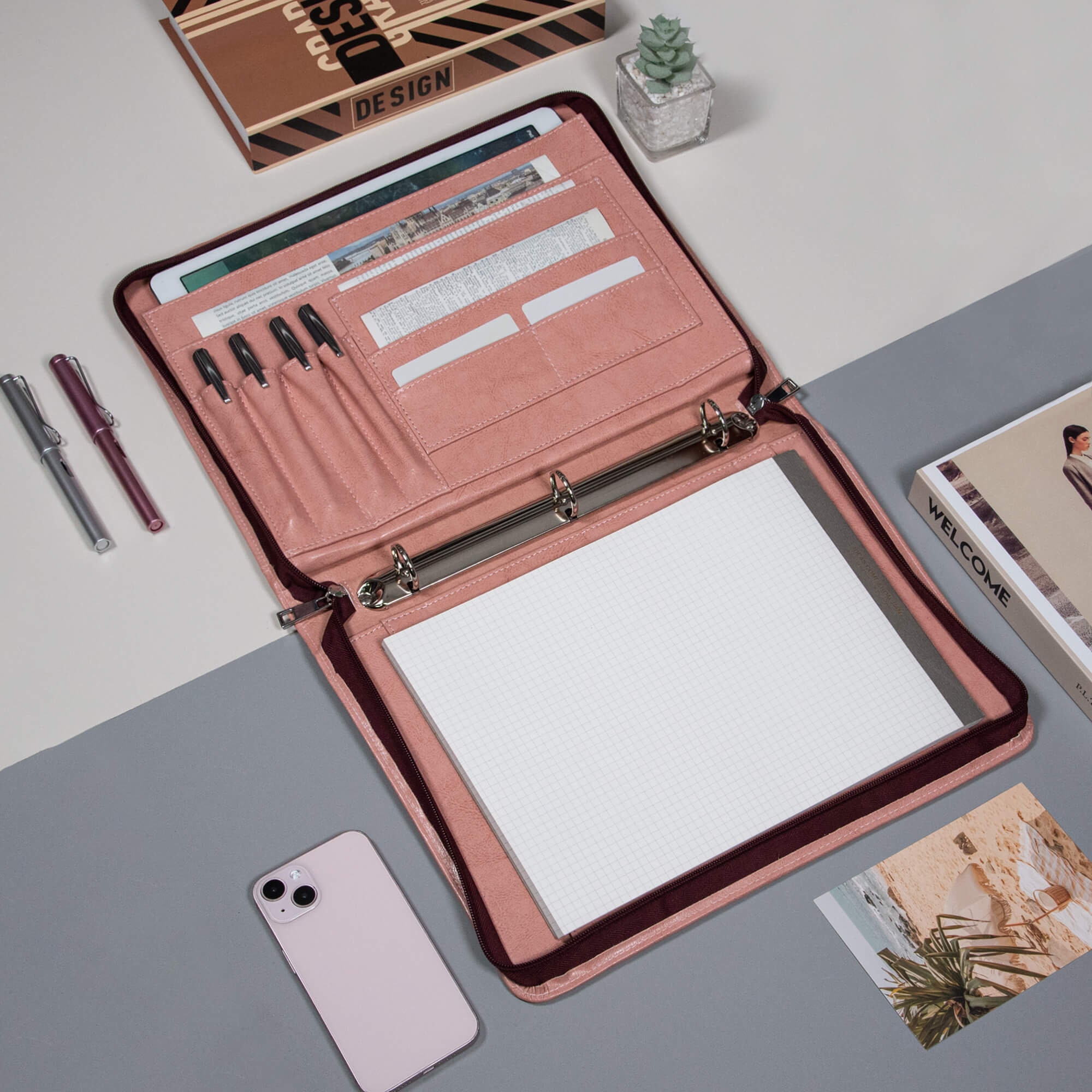 Personalized Pink Leather Portfolio With 3R Binder, Zippered Document ...