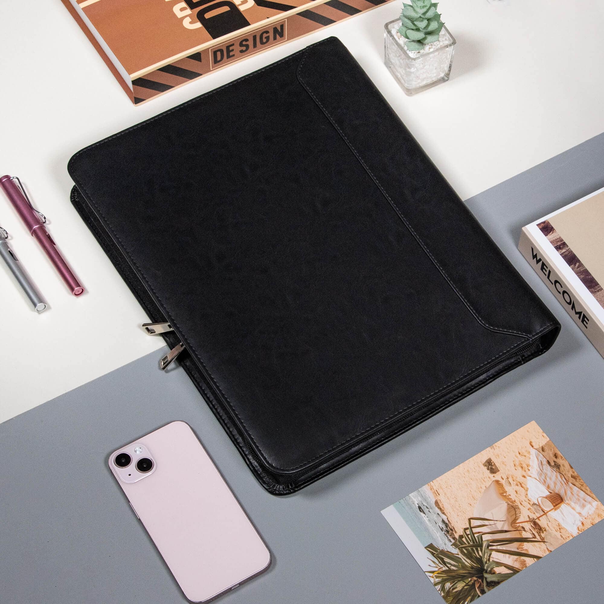 Monogramed Leather Padfolio With Zipper for Her, Custom Black Portfolio ...
