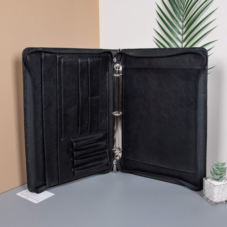 Monogramed Leather Padfolio With Zipper for Her, Custom Black Portfolio ...