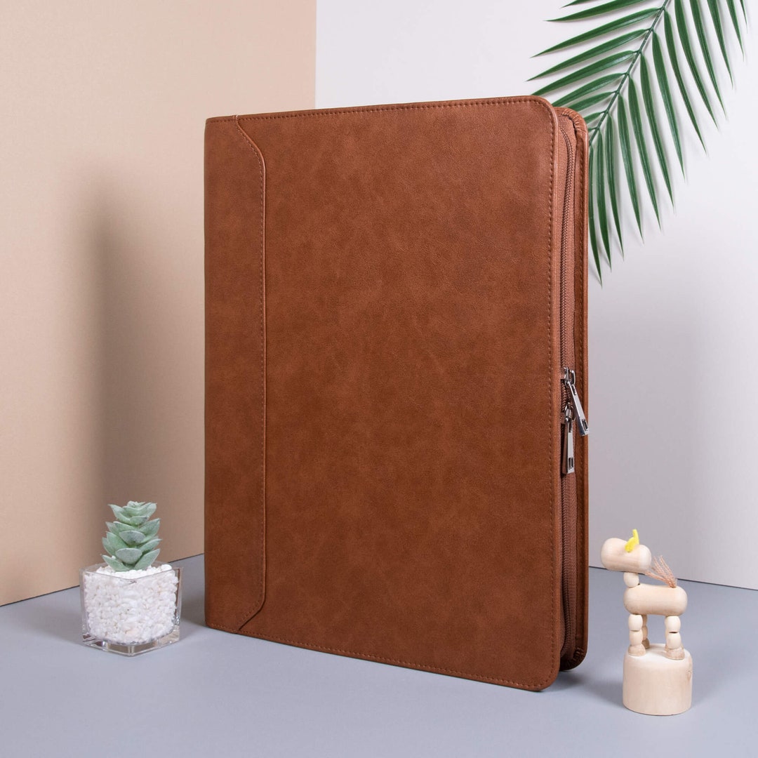 Personalized Brown Vegan Leather Portfolio With 3R Binder, Zippered ...