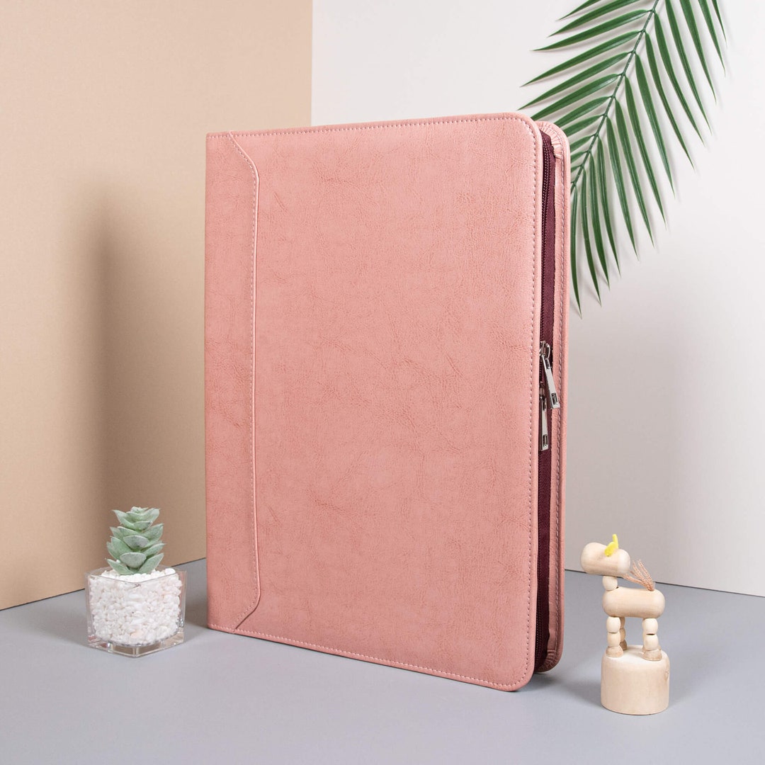 Personalized Pink Leather Portfolio With 3R Binder, Zippered Document ...