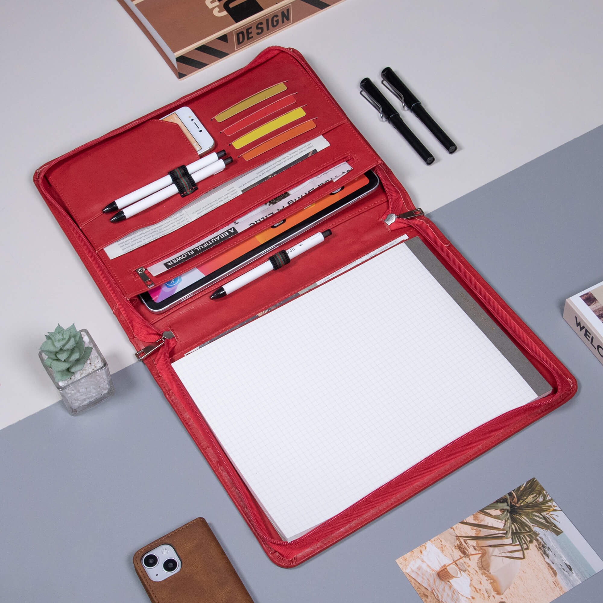 Personalized Red Vegan Leather Portfolio,office Leather Organizer With Handle,custom Document ...