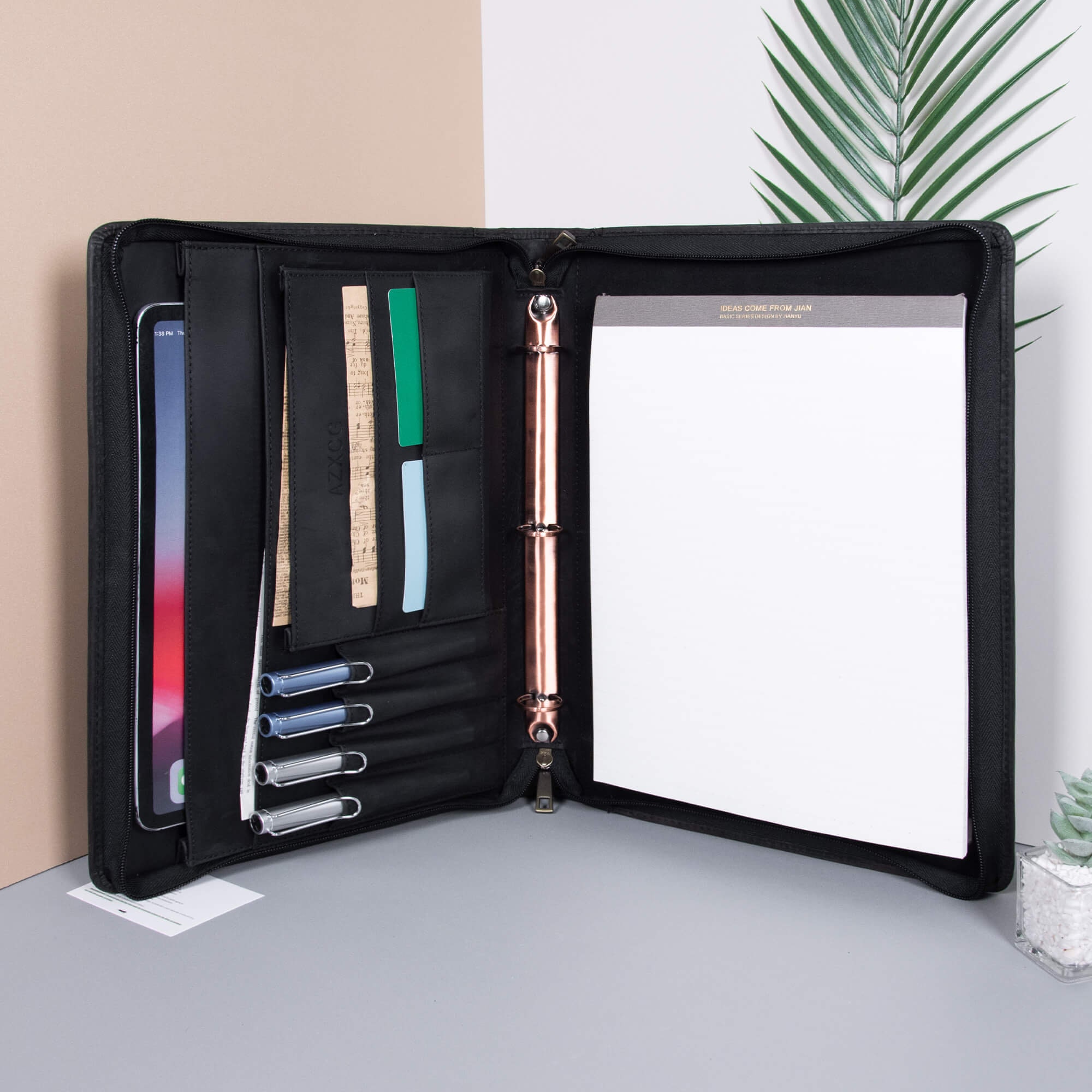 Personalized Black Crazy Horse Leather Portfolio With 3R Binder, Office ...