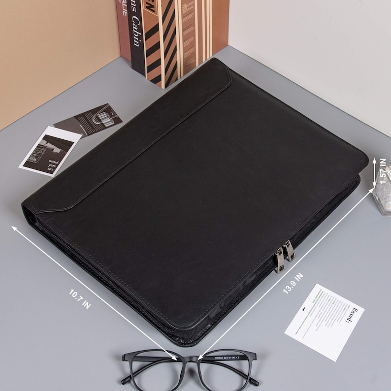 Monogramed Leather Padfolio With Zipper for Her, Custom Black Portfolio ...