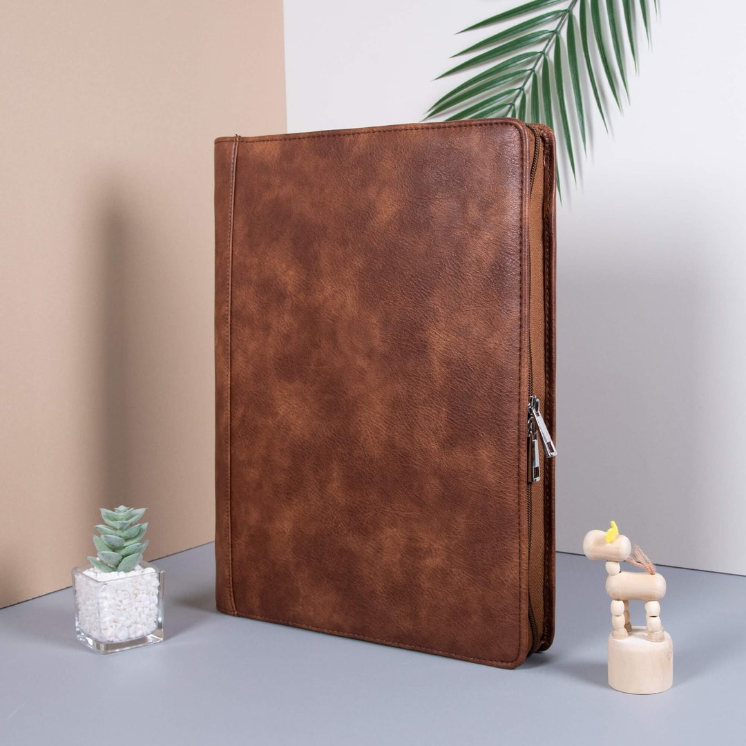 Engraved Vintage Brown Leather Portfolio, Leather Portfolio Zipper ...