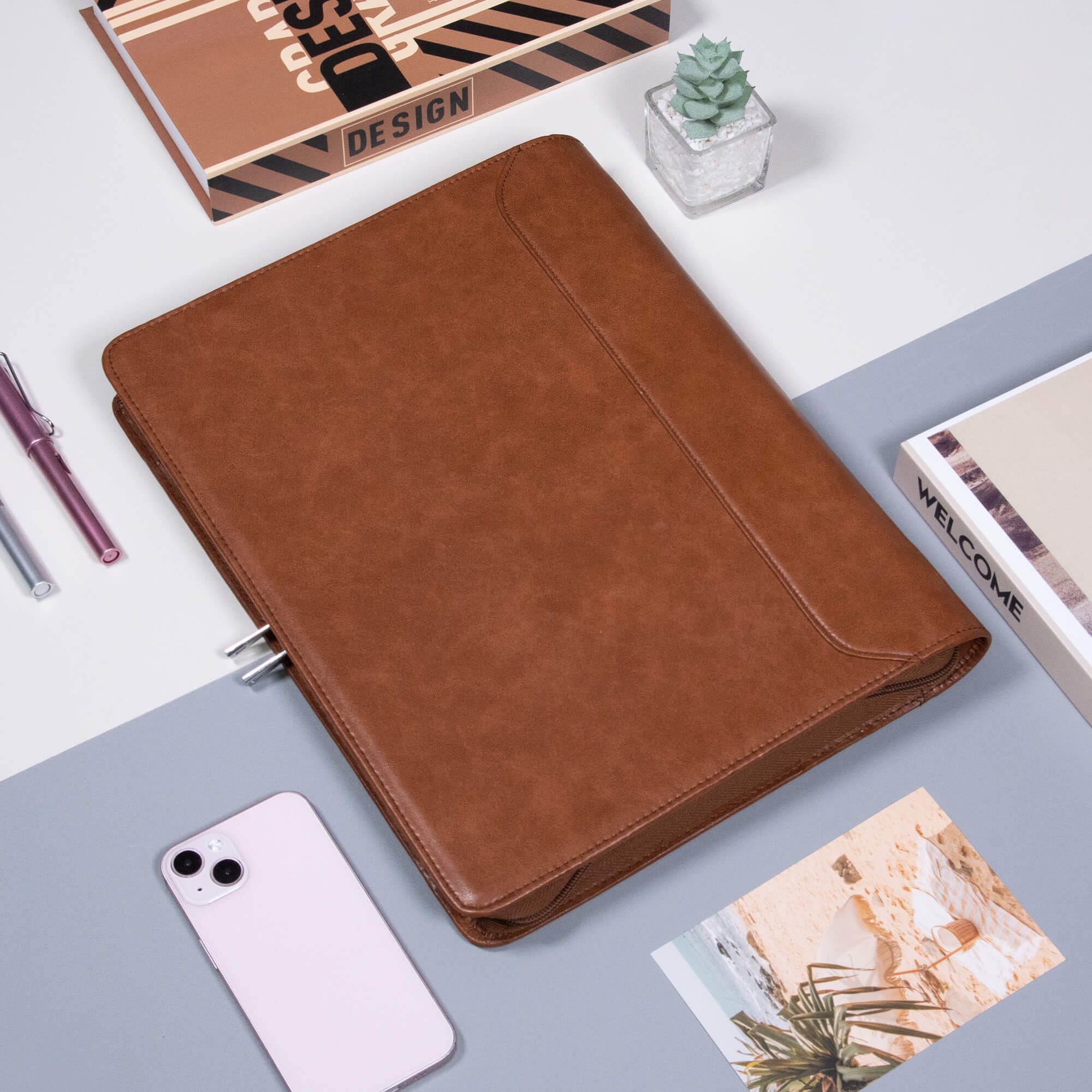 Personalized Brown Vegan Leather Portfolio With 3R Binder, Zippered ...