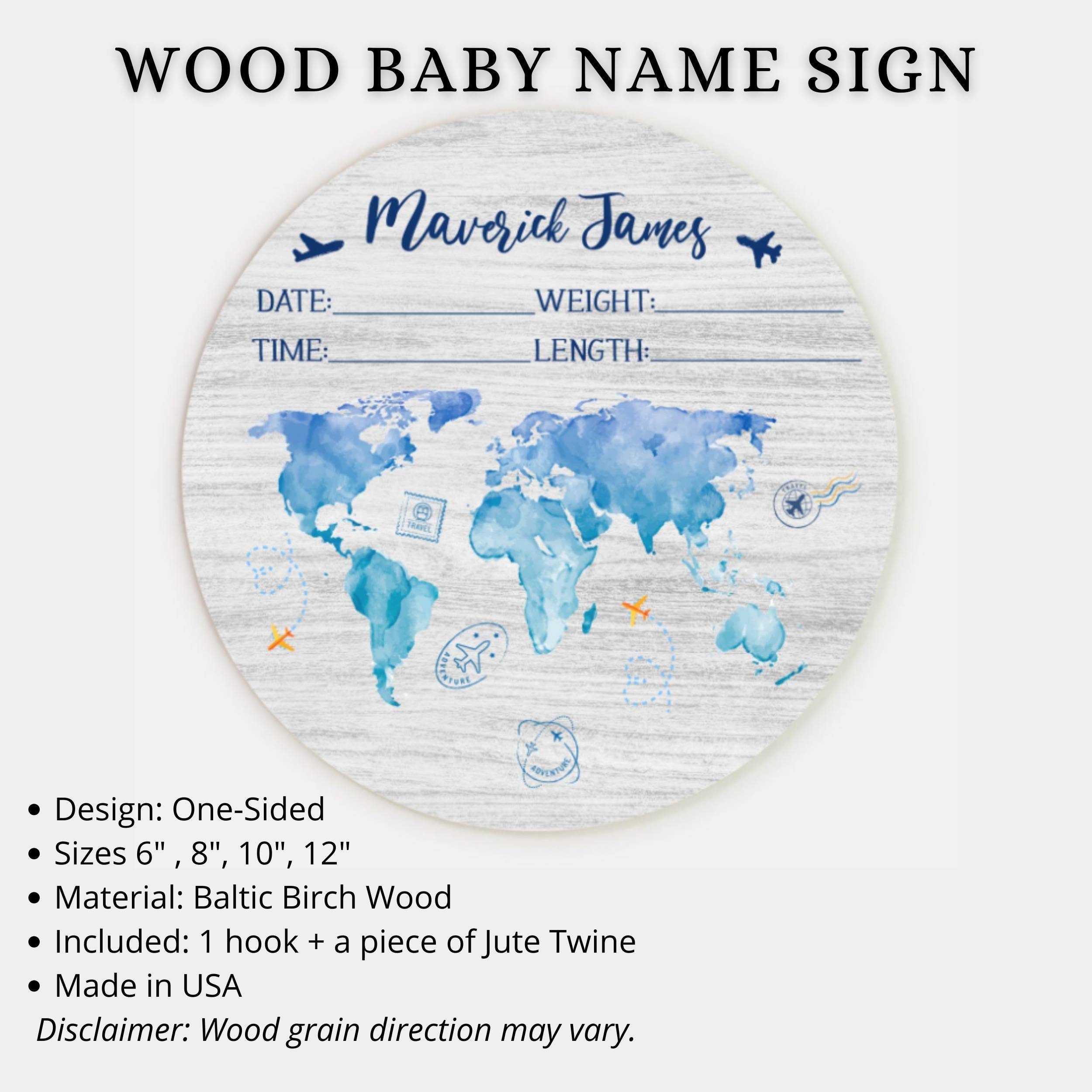 World Map Baby Birth Stat Announcement, Wooden Round Name Sign ...