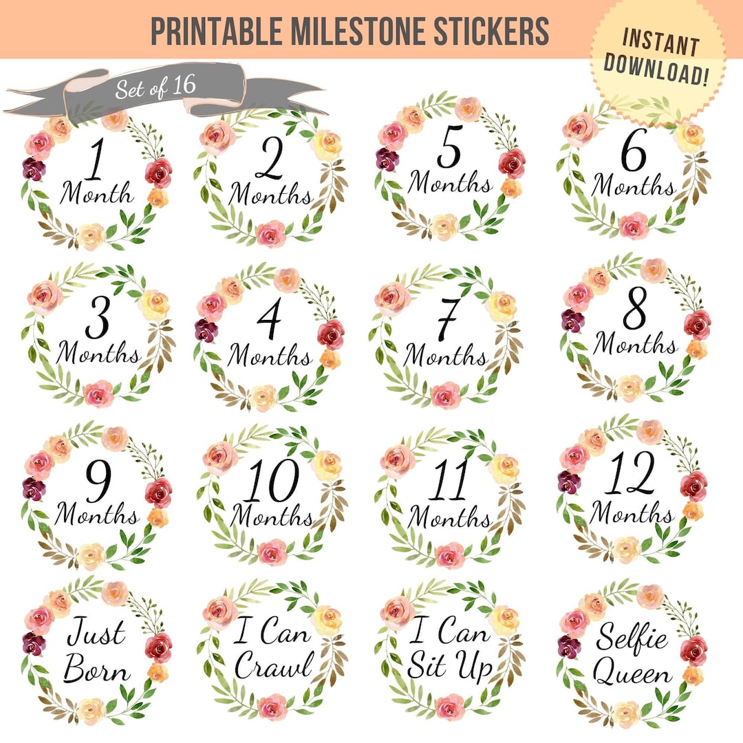 Printable Floral Wreath Baby Monthly Milestone Stickers Girl, First ...