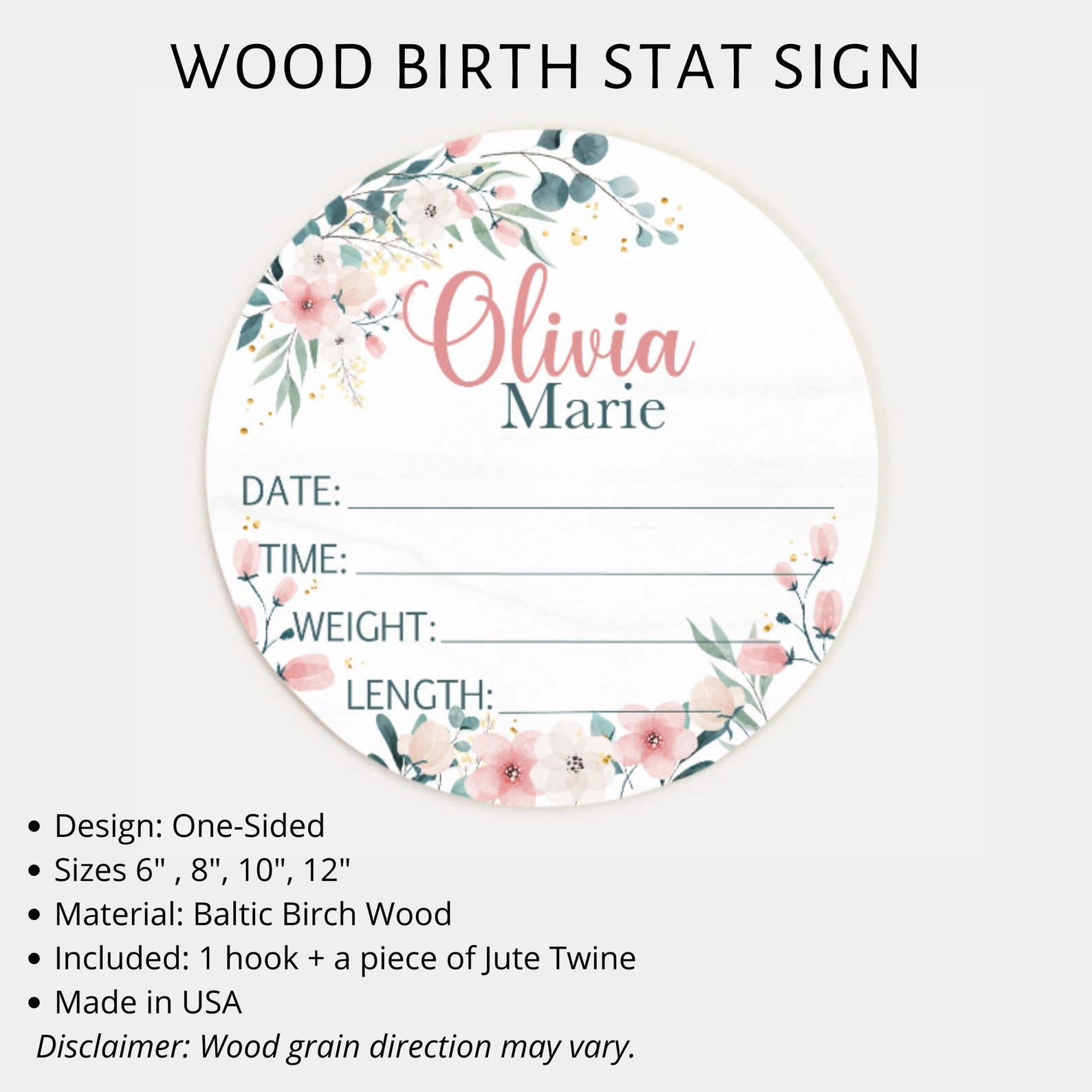 Personalized Baby Birth Stat Wood Sign, Blush Pink Floral Wooden Round ...