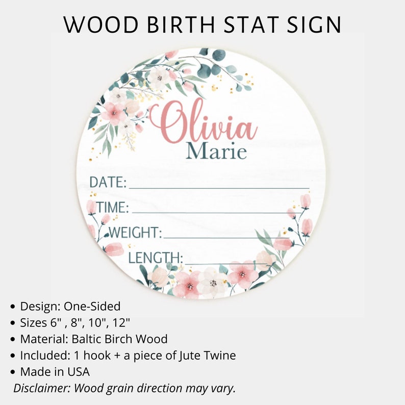 Personalized Baby Birth Stat Wood Sign, Blush Pink Floral Wooden Round ...