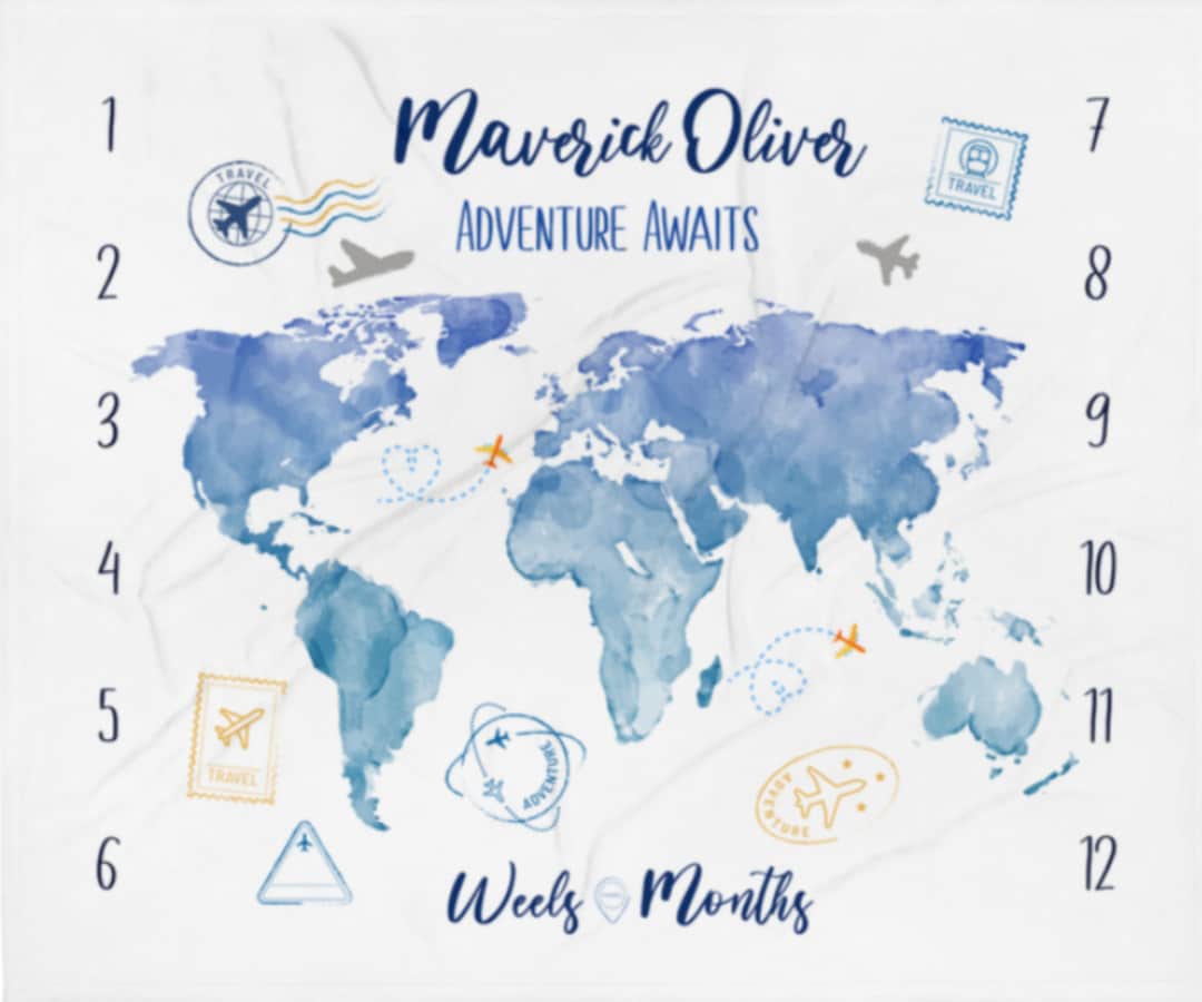 World Map Baby Milestone Blanket Boy, Personalized Name Monthly ...