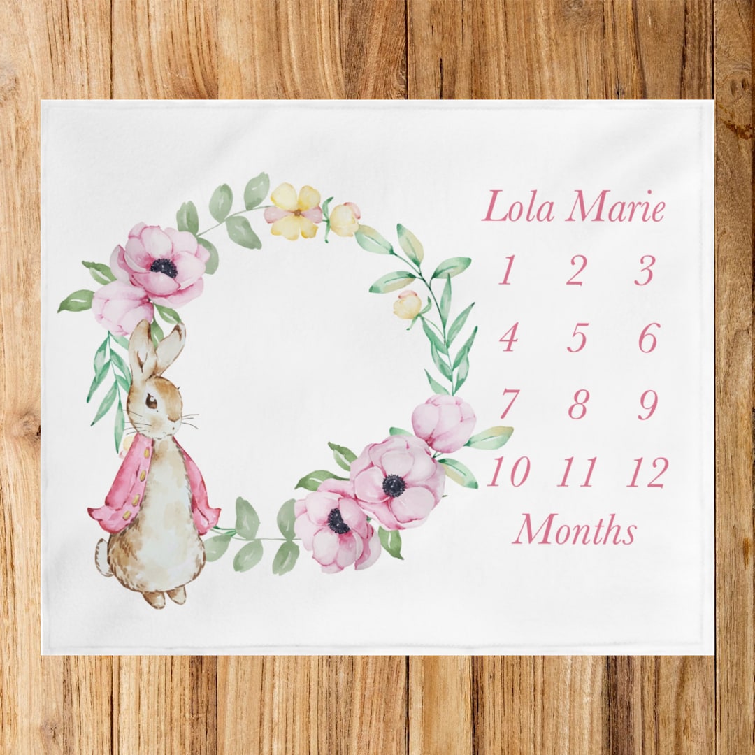 Pink Peter Rabbit Milestone Blanket, Personalized Calendar Month ...