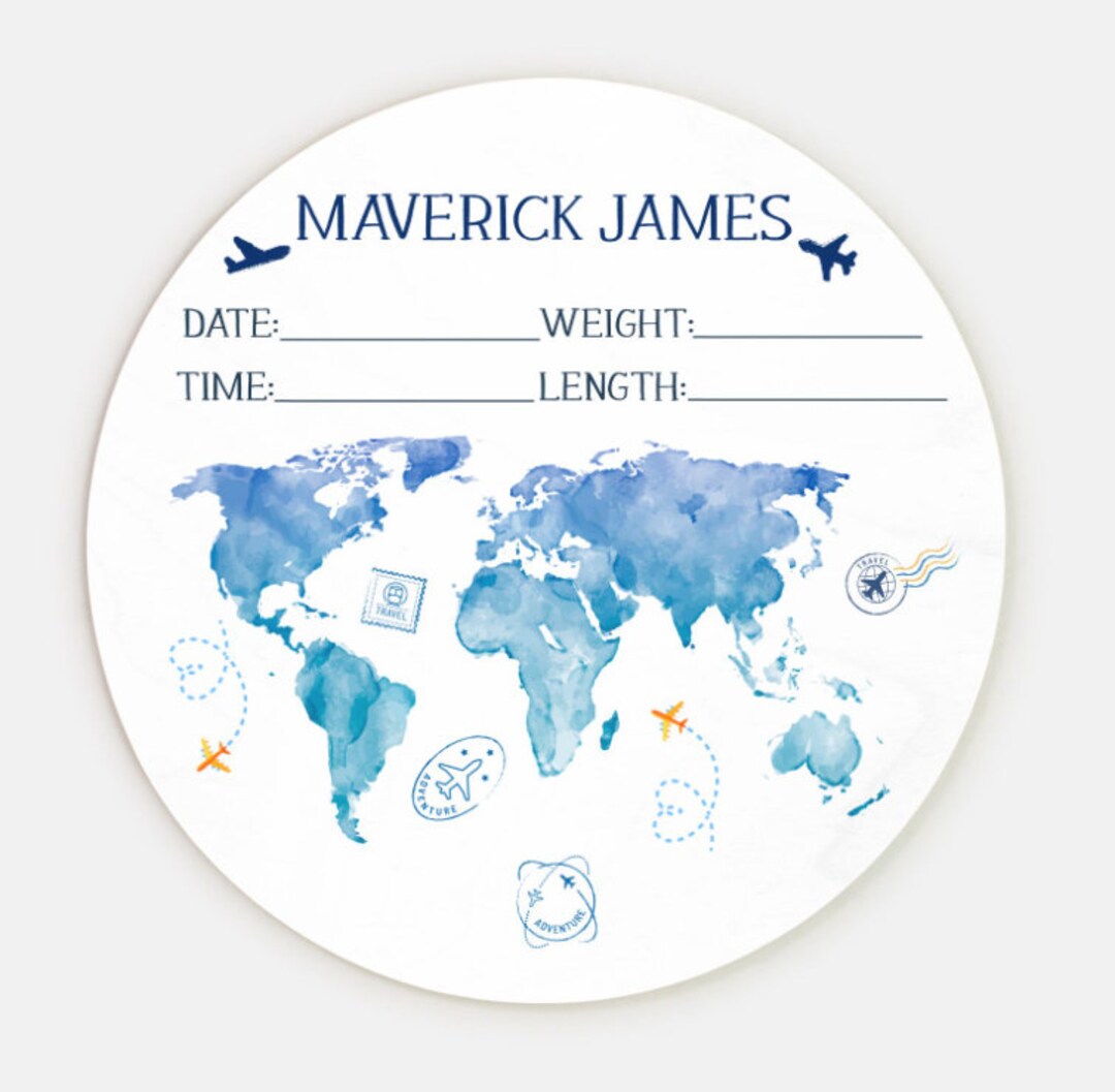 World Map Baby Birth Stat Announcement Wooden Round Name - Etsy