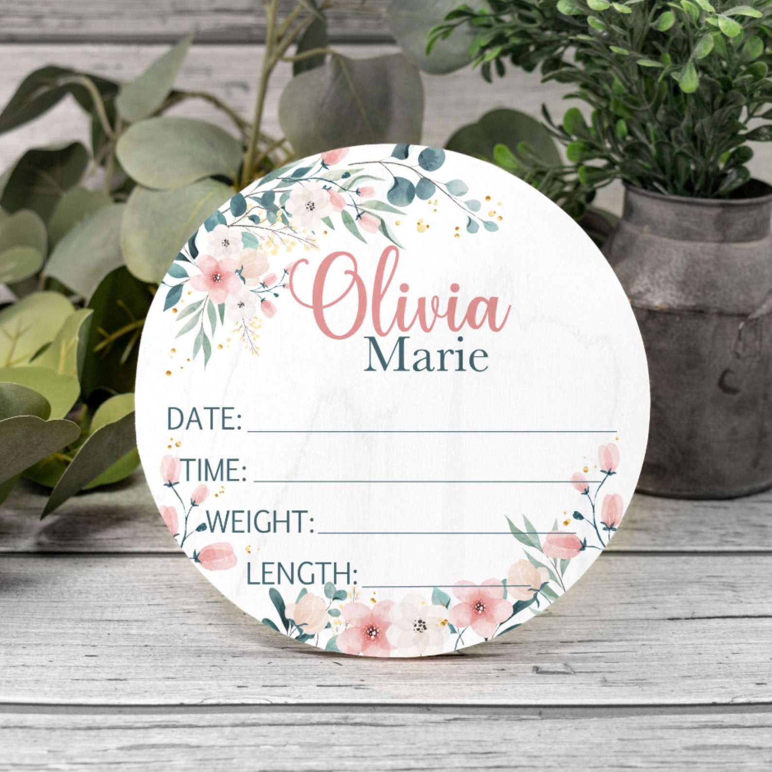 Personalized Baby Birth Stat Wood Sign, Blush Pink Floral Wooden Round ...