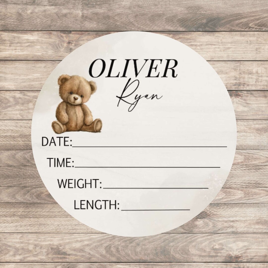 Teddy Bear Baby Birth Stat Announcement, Personalized Wood Round Name ...