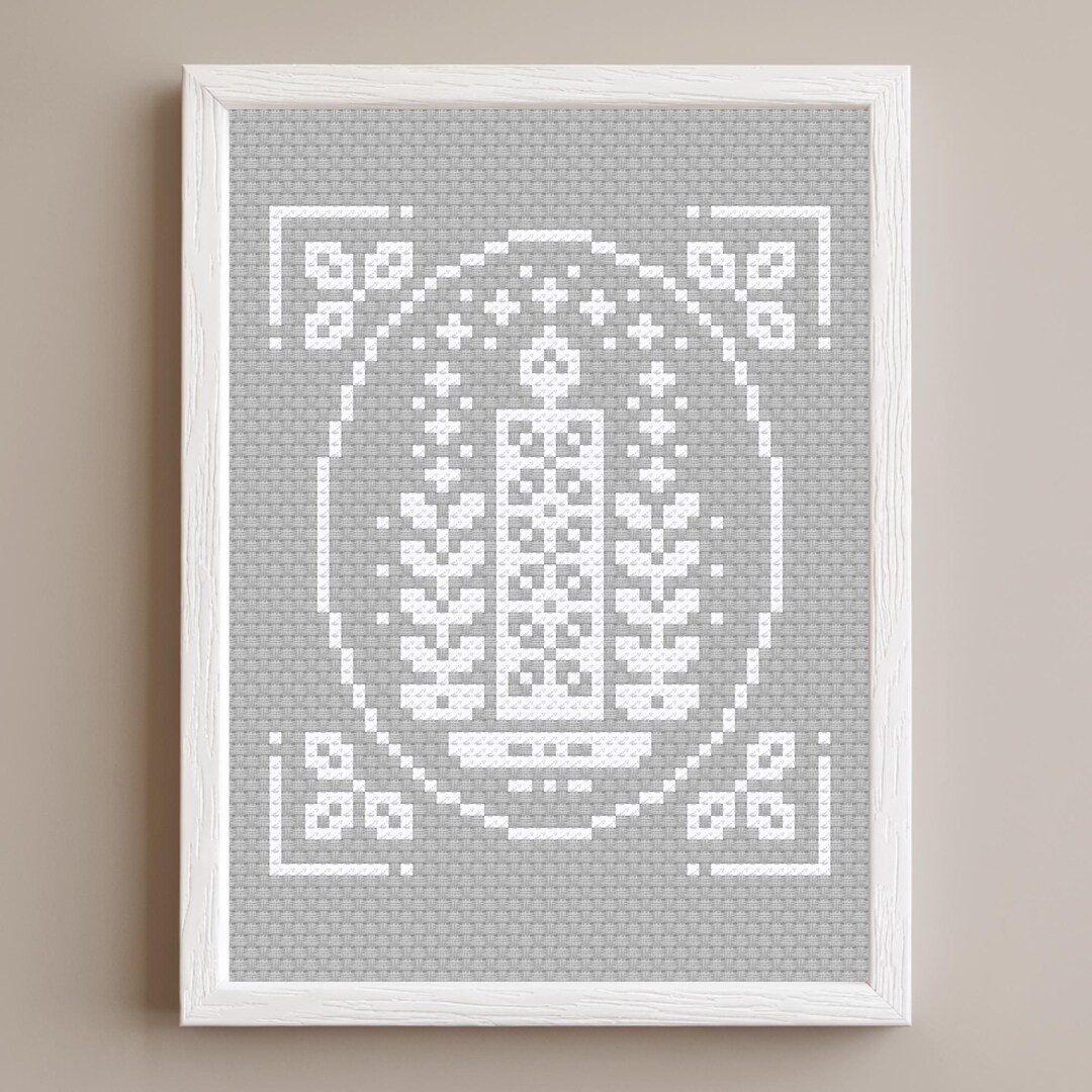 White Noel Candle Cross Stitch Pattern PDF Monochrome on Grey Folk ...