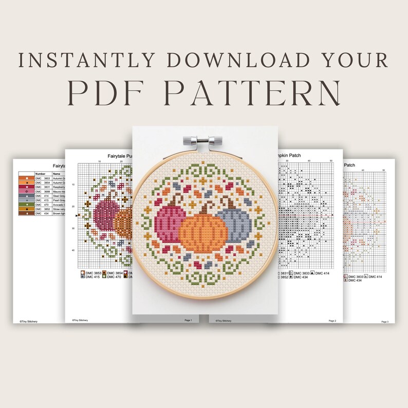 Fairytale Pumpkin Patch Cross Stitch Pattern Small Cute Modern Fall Design With Colorful ...