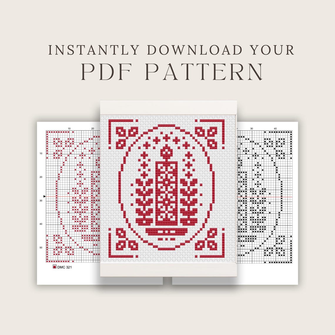 Redwork Christmas Candle Cross Stitch Pattern: Nordic Folk Art (PDF ...