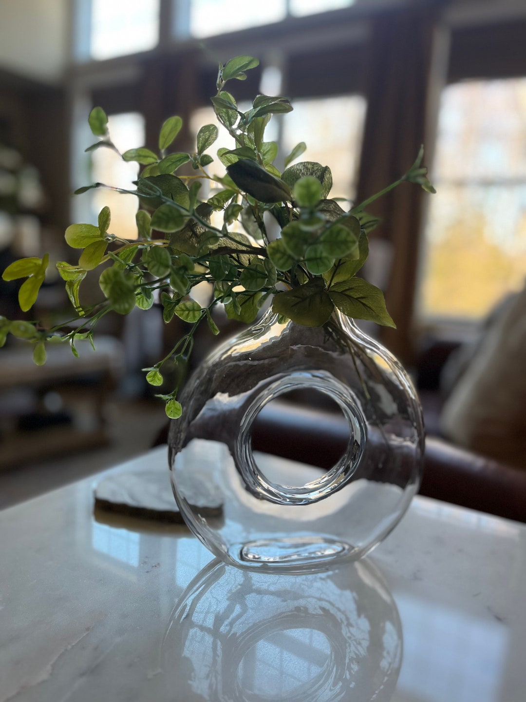 Modern Glass Vase With Faux Greenery, Glass Vase, Round Vase With Faux ...