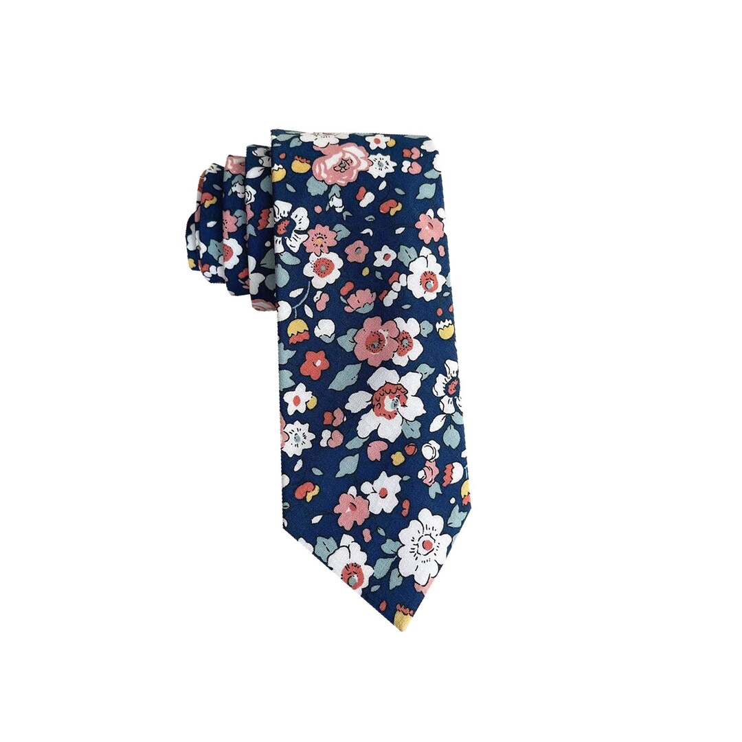 Navy Blue With Peach Floral Tie Cotton Skinny Tie Wedding Necktie Wide ...